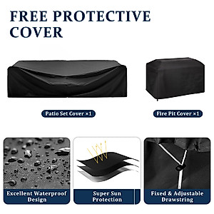 VONZOY 8 Pieces Outdoor Patio Furniture Set with 44" Fire Pit Table Rattan Sectional Conversation Sets w/Gas Fire Pit, Coffee Table, 2 Waterproof Covers, Dark Grey