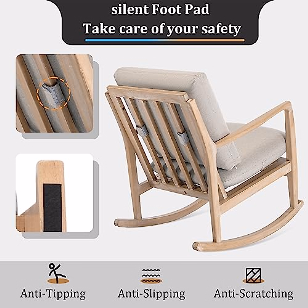 NOBLEMOOD Rocking Chair Linen Fabric Upholstered Nursery Rocker Solid Wood Glider Chair with Mute Foot Pad for Living Room, Reading(Beige)