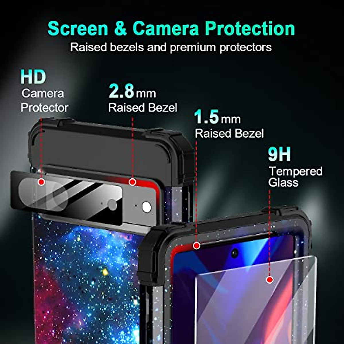 Miqala for Google Pixel 7 Case,[2 Pack Tempered Screen Protector+2 Pack Camera Lens Protector] Shiny in The Dark Three Layer Shockproof Hard Plastic +Soft Silicone Case for Google Pixel 7,Blue Sky