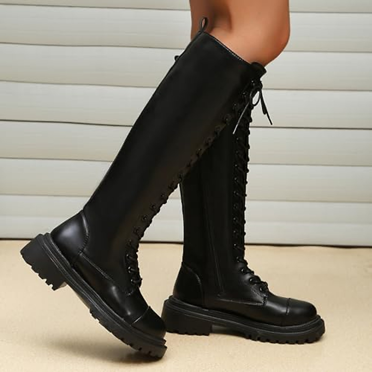 women's knee-high boots, leather round toe high chunky heel solid strappy zipper medium large size boots knee tan boots for women womans cowboy boots