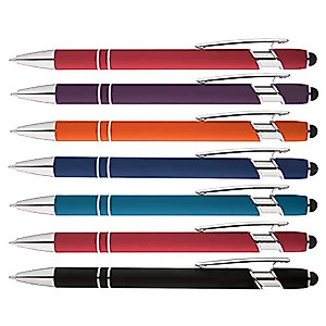Rainbow Rubberized Soft Touch Ballpoint Pen with Stylus Tip a stylish, premium metal pen, black ink, medium point. Box of 7 (ASSORTMENT)
