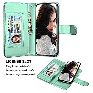 Njjex Compatible with iPhone 12 Mini Case/iPhone 12 Mini Wallet Case 5.4" (2020), [9 Card Slots] PU Leather ID Credit Holder Folio Flip [Detachable] Kickstand Magnetic Phone Cover & Lanyard -Turquoise