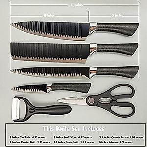GAJING 6PCS Non-stick Black Kitchen Wavy Pattern Lightweight Knife Set with Ergonomic Handle Includes Chef Knife,Carving Knife,Slicer,Paring knife,Peeler and a pair of scissors