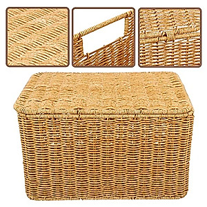 Happyyami Woven Storage Bin with Lid Poly-wicker Storage Basket Rectangular Household Basket Box Organizer for Shelf Wardrobe Home Organizing
