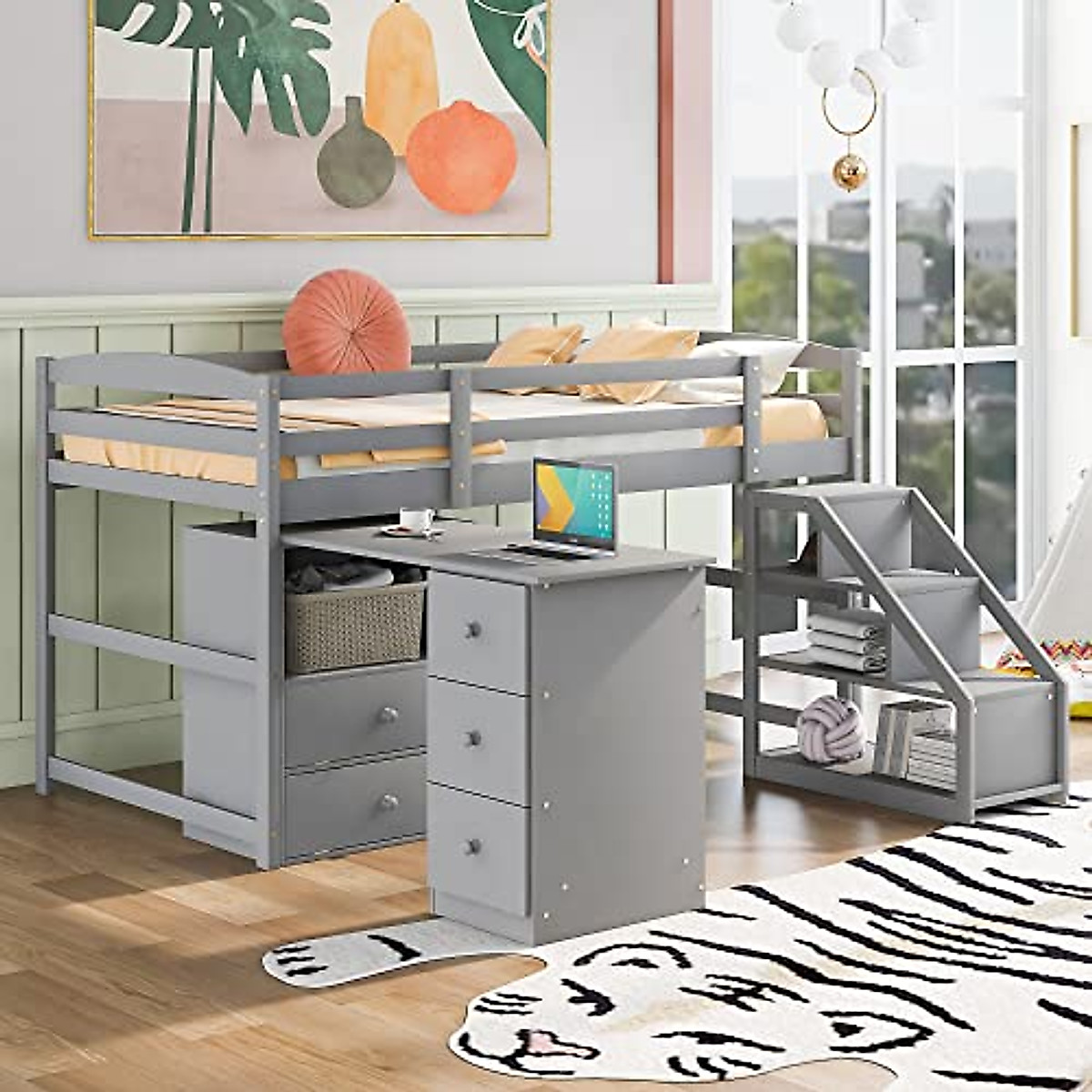 Woanke Twin Size Low Loft Bed with Multifunctional Movable Built-in Desk and Storage Drawers, Solid Wood Loft Bedframe for Kids Teens Boys Girls, 77.4''L*82''W*44.7''H, Grey