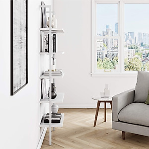 Nathan James 65506 Theo 5-Shelf White Modern Bookcase, Open Wall Mount Ladder Bookshelf with Industrial White Metal Frame, White