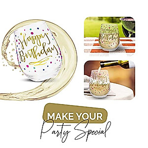 Your Dream Party Shop Happy Birthday 22oz Stemless Wine Glass, Happy Birthday Wine Glass with Gold Print, Perfect Birthday Glass, Happy Birthday Wine Glasses For Women, Birthday Cup