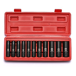 MIXPOWER 11 Pieces 1/2-Inch Drive Deep Impact Socket Set, 10-24mm, CR-V, Metric, 6 Point, Deep, 11 Pieces 1/2" Dr. Deep Metric Socket