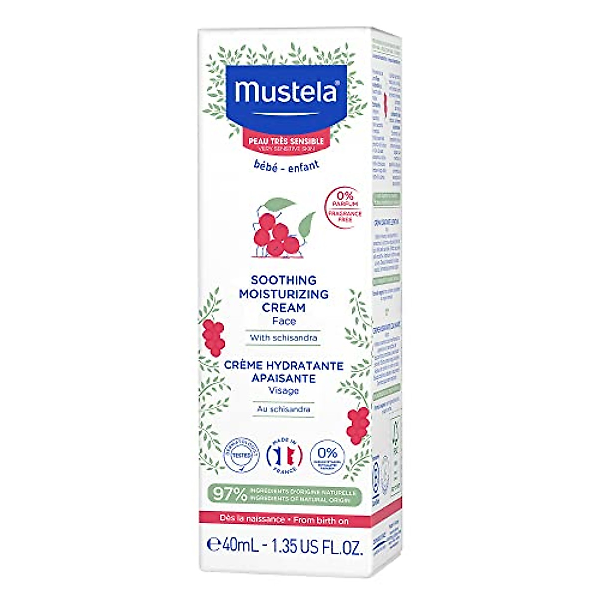Mustela Baby Soothing Moisturizing Cream - Face Moisturizer for Very Sensitive Skin - with Natural Avocado & Schizandra Berry - Fragrance-Free - 1.35 fl. oz.
