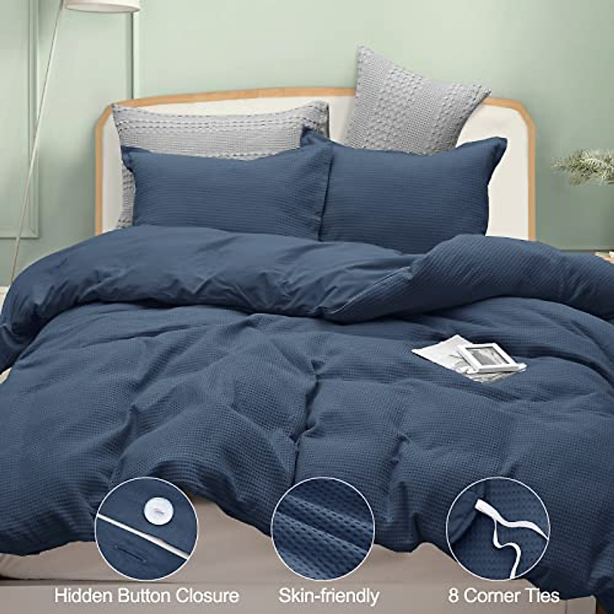 PHF Waffle Duvet Cover Queen Size, Ultra Soft Cotton Blend Comforter Cover Set, Comfy Breathable and Decorative Duver Cover Set with Pillow Shams Bedding Collection, 90"x90", Navy Blue