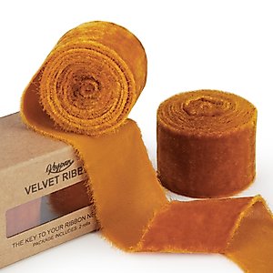 Keypan Orange Velvet Ribbon for 1-1/2 inch Wide Handmade Fringe Fabric Fall Terracotta Ribbons for Christmas Decorations, Baby Shower, Flower Bouquet Gift Wrapping