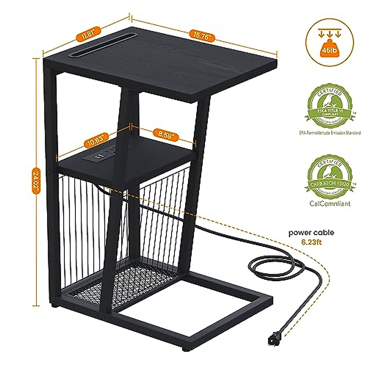 Heybly Side Table Set of 2, C Shaped Nightstand End Sofa Table with Charging Station for Small Spaces,Snack Couch Tables with Phone Holder, 2 USB Ports and Power Outlets HET001CB2