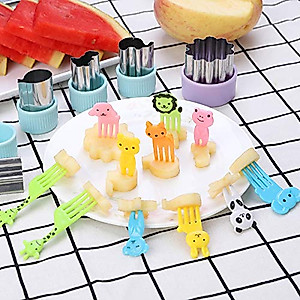 Vegetable Cutters Shapes Set, 20pcs Stainless Steel Mini Cookie Cutters, Vegetable Cutter and Fruit Stamps Mold + 20pcs Cute Cartoon Animals Food Picks and Forks -for Kids Baking and Food Supplement