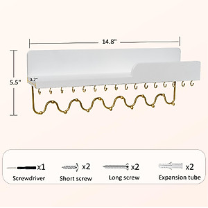 Lampaggio Hanging Jewelry Organizer with 29 Hooks and Cosmetics Shelf, Modern Wood Wall Mounted Jewelry Holder for Necklaces, Bracelets, Earrings and Rings, White