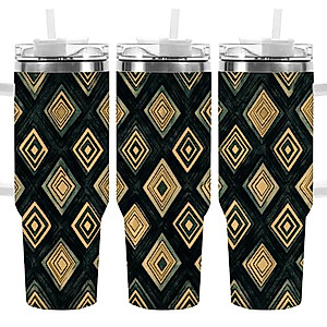 FOCIUZTA Vintage Gold Diamond Pattern Tumbler with lid, Travel Coffee Cup, Ideal for Easter, Gaming Enthusiast, Mother Day, and birthday gifts