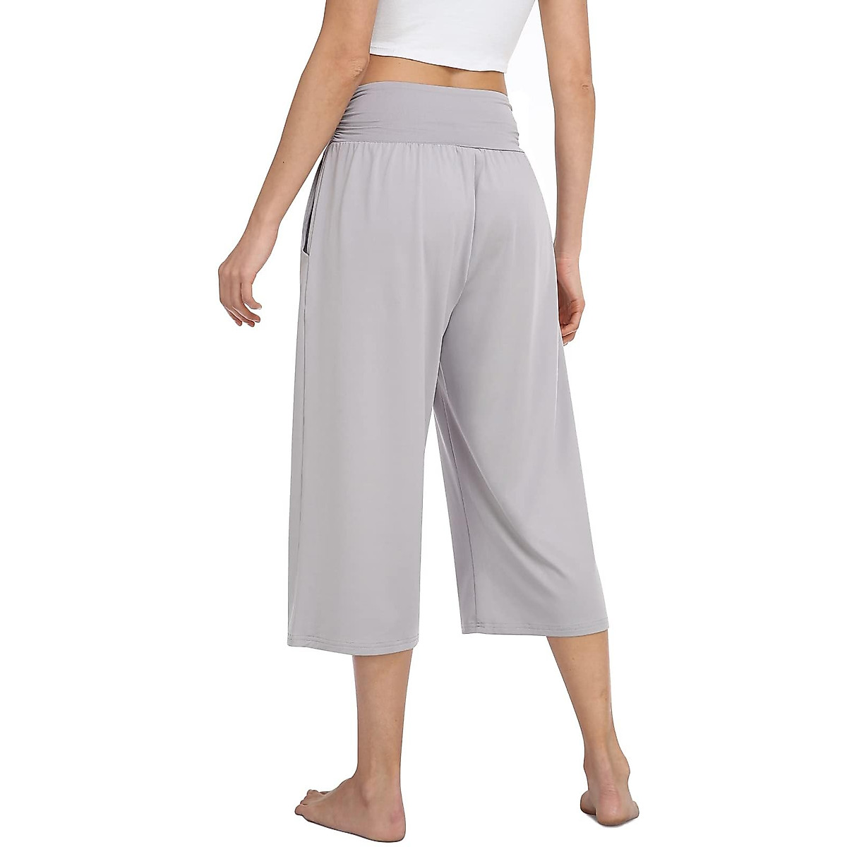 TARSE Women's High Pleated Waisted Capri Pants Casual Wide Leg Grey Yoga Pants Loose Soft Pajamas with Pockets Sweatpants Light Gray 2XL XXL