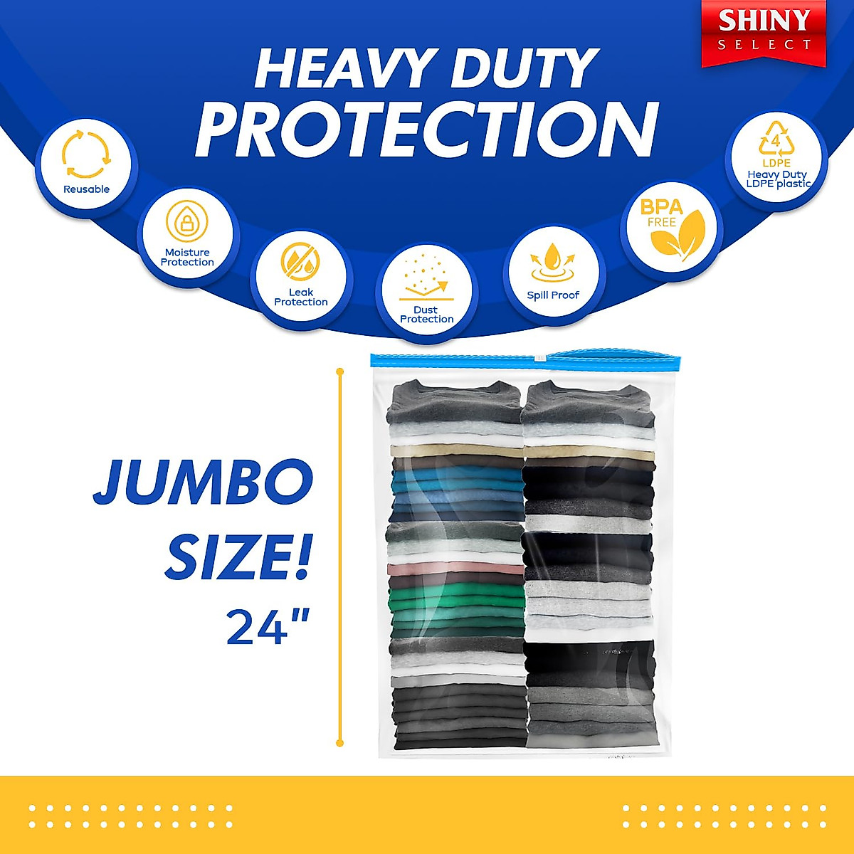 Shiny Select 5 Gallon Jumbo Slider Storage Bag, 18x24, 10 Bags – Resealable Extra Large Clear Plastic, 2 Mil Thick - Home Organization, Luggage, Travel, Kitchen Use, Baby Essentials, Seasonal Clothes