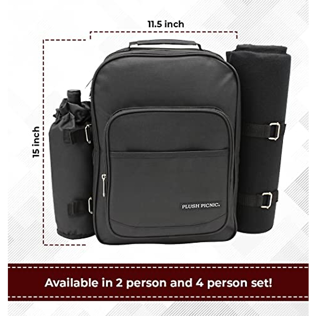 Plush Picnic – Picnic Backpack for Adventures,Insulated Picnic Backpack for 2, Great Alternative to a Bulky Picnic Basket Set, Romantic Picnic Set for 2, Picnic Basket for 2, Picnic Bag (Black)