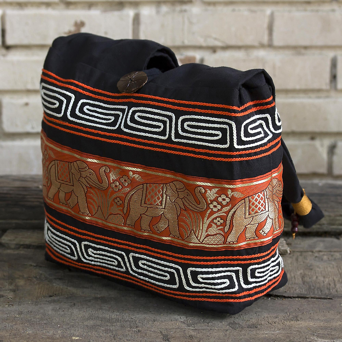 NOVICA Artisan Handmade Cotton Blend Shoulder Bag Black Vermilion from Thailand Wood Handbags Orange Gold Tone Embroidered Animal Themed Elephant ' Thai Elephants in Vermilion'