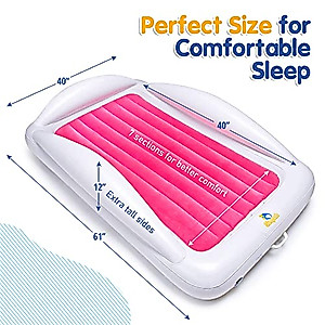 Sleepah Inflatable Toddler Travel Bed – Inflatable & Portable Bed Air Mattress Set –Blow up Mattress for Kids with High Safety Bed Rails. Set Includes Pump, Case, Pillow & Plush (Coral)