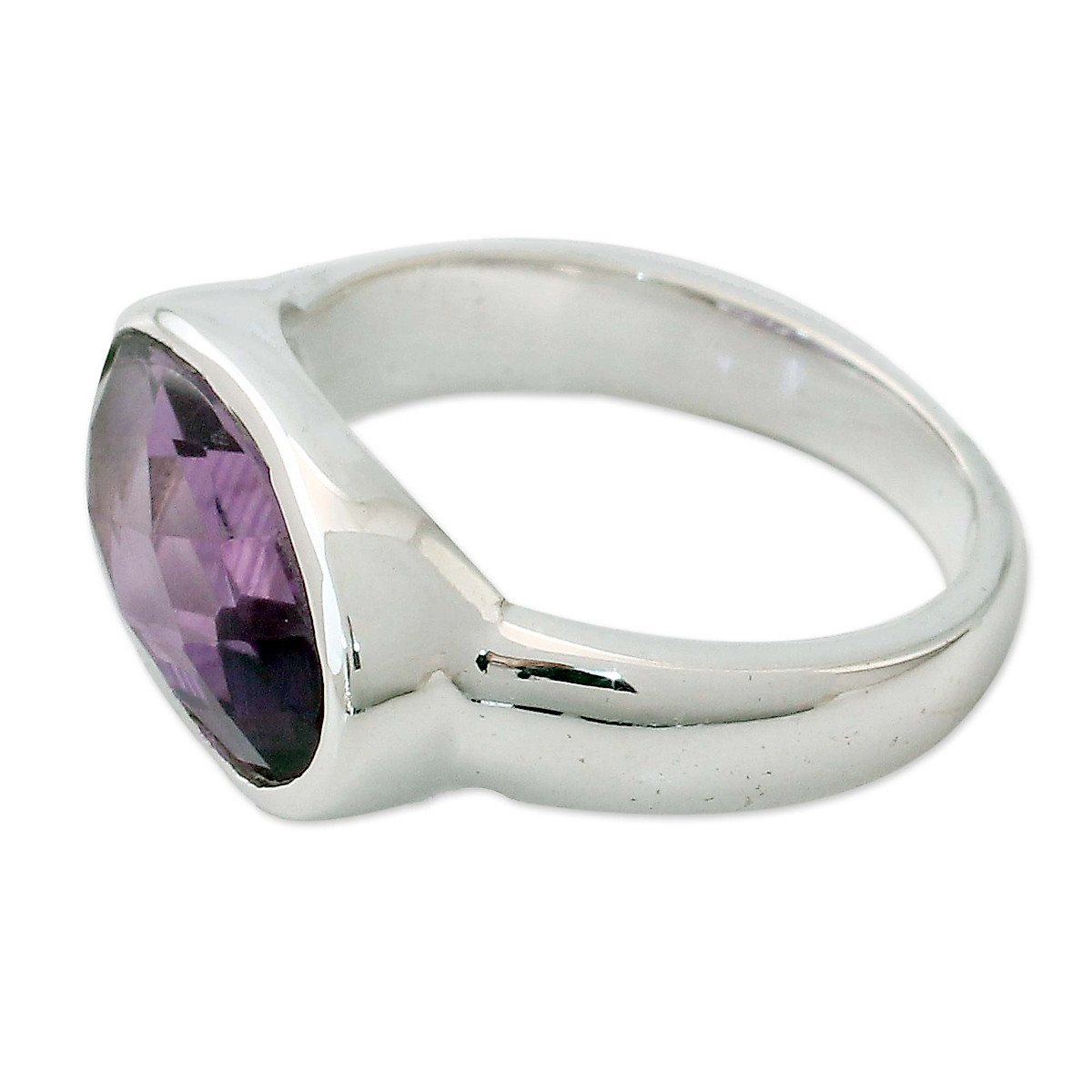 NOVICA Artisan Handmade Amethyst Cocktail Ring Three Carat Sterling Silver Purple Single Stone India Birthstone [crownbezel 0.6 in L x 0.3 in W x 0.2 in H Band Width 2 mm W] ' Purple Crown'