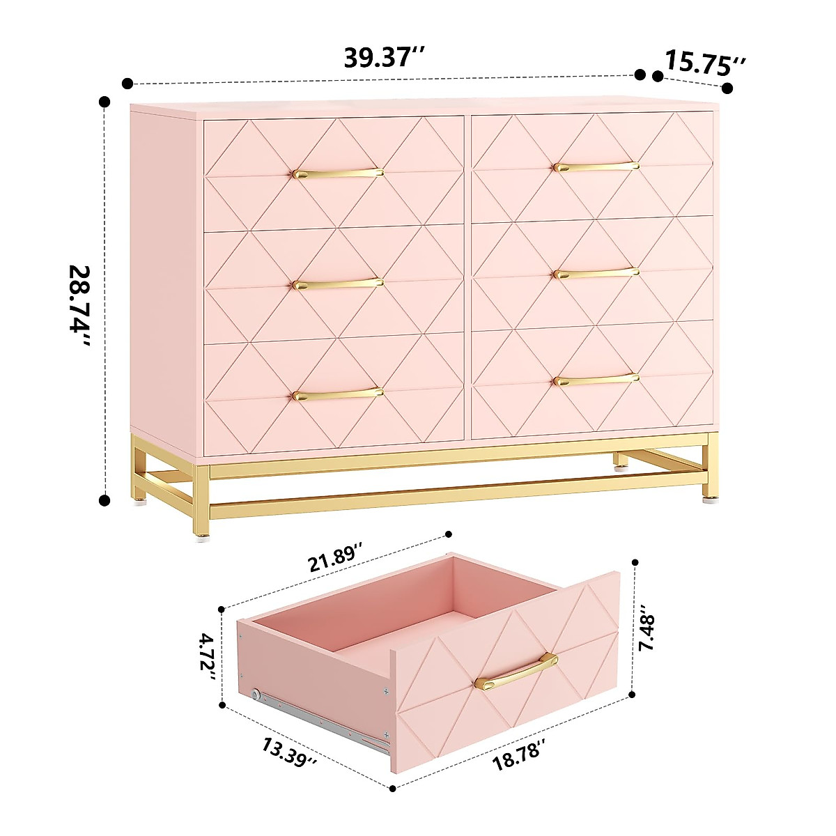 GarveeHome Dresser for Bedroom with 6 Drawer Double Dressers, Modern Wooden Dresser Chest, Beside Table for Closet, Nursery, Living Room, Pink