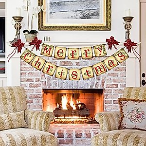 Merry Christmas Banner - Vintage Christmas Banners Xmas Decorations for Mantle Indoor, Christmas New year Party Fireplace Decorations, Christmas Chimney Banner with 4 Red pull flower