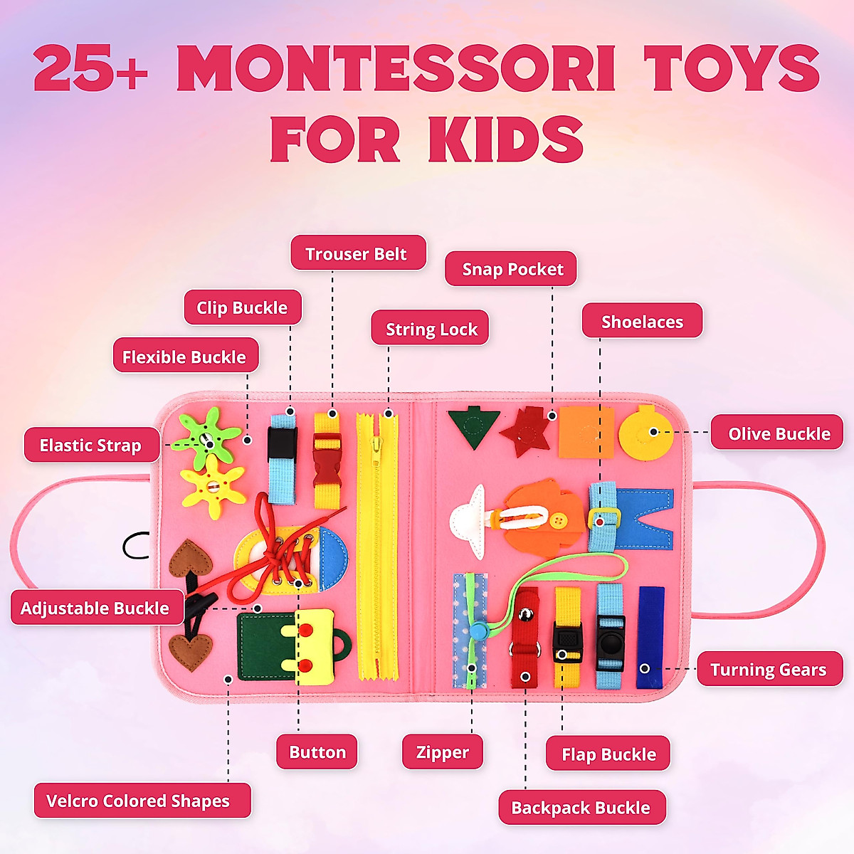 Bouncing Bobo Toddler Busy Board for 1 Year Old + Busy Book for Toddlers 1-3 with 25+ Educational Activities, Airplane Travel Essentials for Kids (Pink)