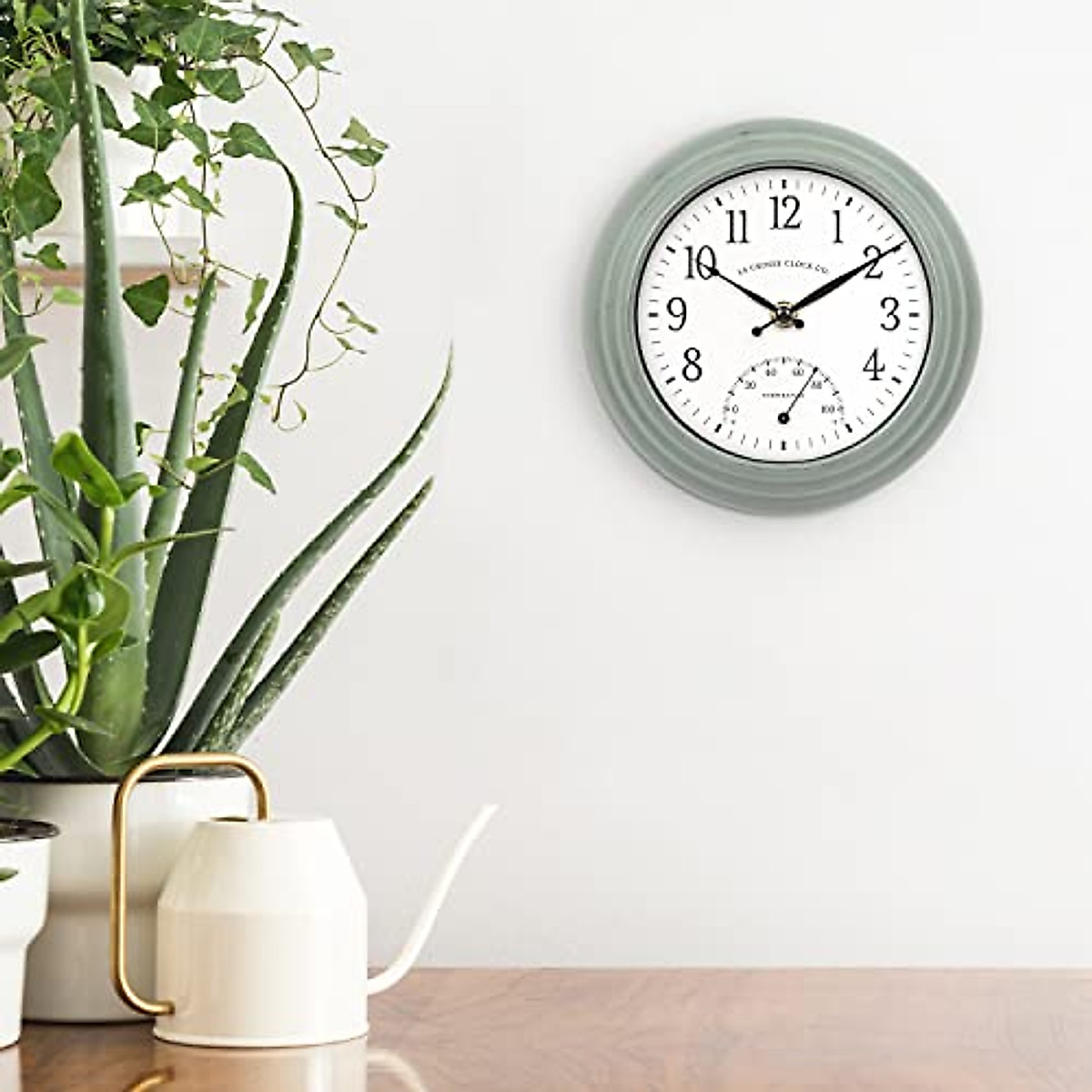 La Crosse Clock 433-3020 8-inch Indoor/Outdoor Sage Green Quartz Wall Clock with Temperature