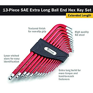 Titan 12713 Extra-Long Arm Ball Tip SAE Hex Key Set, 13 Piece , Red