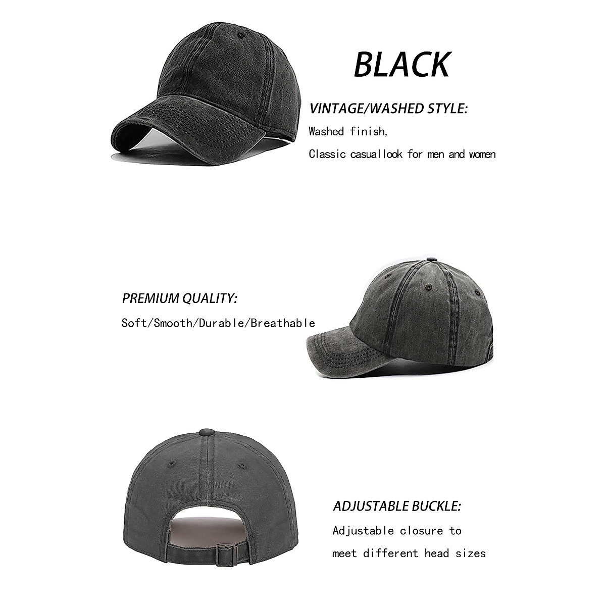 Unisex Vintage Washed Distressed Baseball Cap Twill Adjustable Dad Hat,G-black,One Size