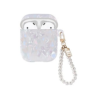 Glitter Shell Design Case for AirPods 1/2 with Pearl Wrist Chain Keychain,Colorful Sparkle Bling Pretty Cute Protective Skin Cover for Airpods 2nd Generation TPU Shock Proof for Women Girls -White