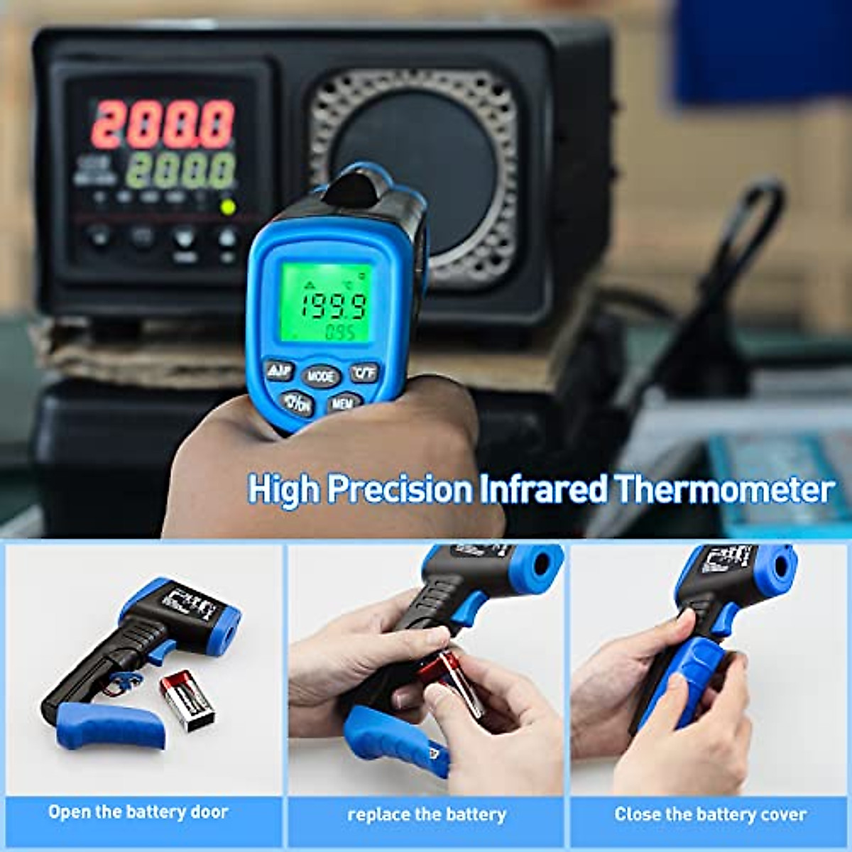 Infrared Thermometer Digital Laser Thermometer RQ-981C, Non-Contact Digital Infrared Thermometer from -50℃ to 550℃(-58 to1022℉) Come with LCD Back-Light, Data Hold for Industrial (Not for Human)