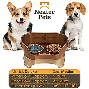Neater Feeder - Deluxe Model - Mess-Proof Dog Bowls (Medium, Bronze) - Made in USA - Elevated, No Spill, Non-Tip, Non-Slip, Raised Stainless Steel Food & Water Pet Bowls