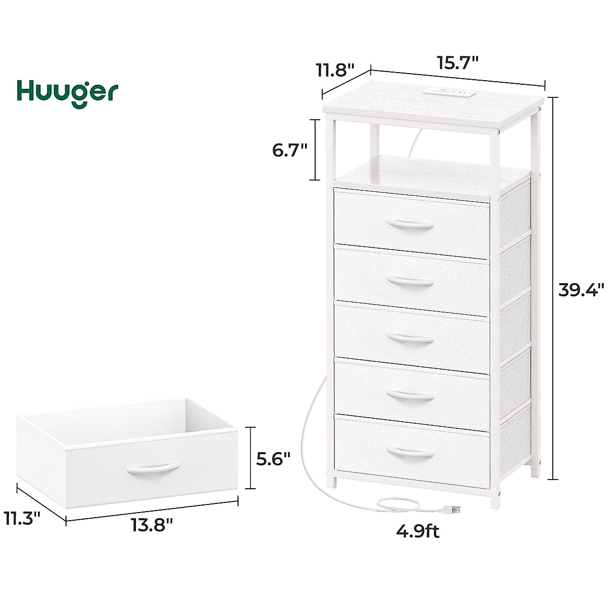 Huuger 5 Drawers Dresser with Charging Station, Dresser for Bedroom, Tall Night Stand, Chest of Drawers with PU Leather Finish, Open Shelf, Bedside Table Nightstand, for Entryway, White
