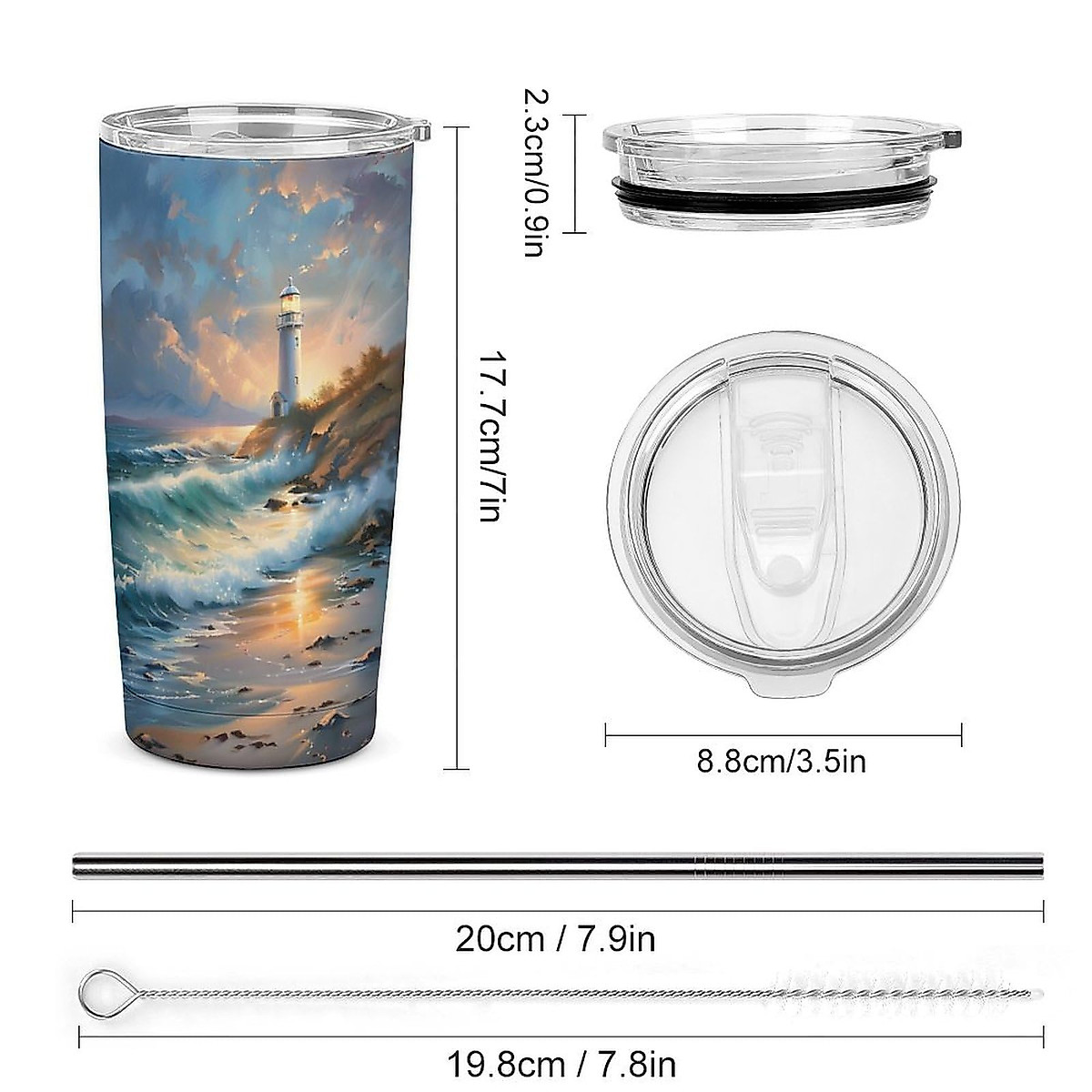 KIOWEIR Beautiful Seaside Lighthouse Stainless Steel Tumbler 20oz With Lid And Straw, Insulated Tumblers Coffee Cup, Travel Mug for Ice Drink & Hot Beverage for Women Men Boys Girls