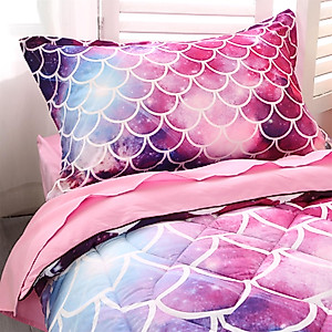 Wowelife Toddler Bedding Sets for Girls Mermaid, Premium Scale Toddler Girl Bedding Set Purple Blue with 1 Flat Sheet, 1 Fitted Sheet, 1 Comforter and 1 Pillowcase