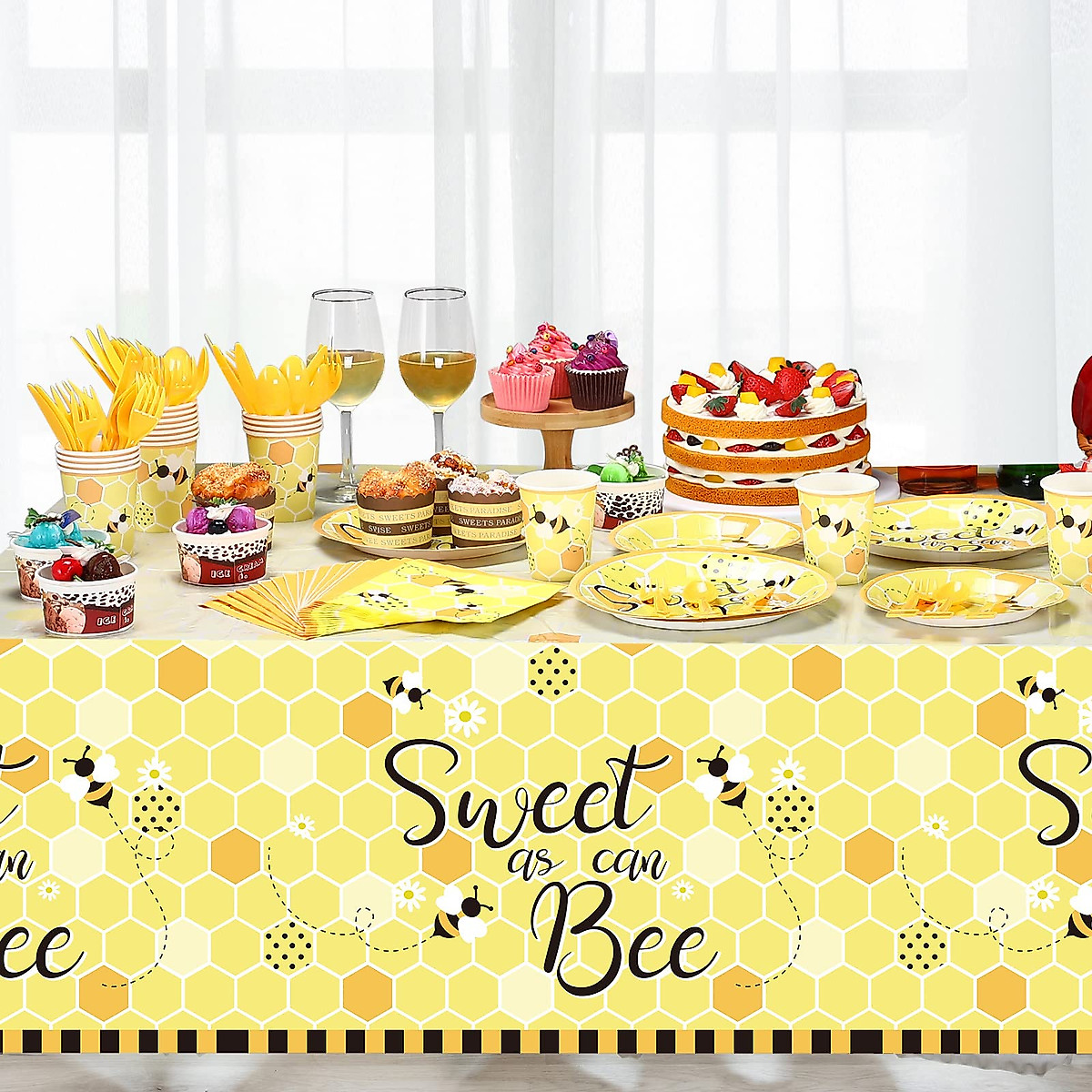 170 Pcs Bee Plates and Napkins Party Supplies Sweet As Can Bee Baby Shower Set Include Tablecloths, Plates, Napkins, Paper Cups, Knife, Fork, Spoon for Baby Shower Birthday Party Supplies, Serves 24