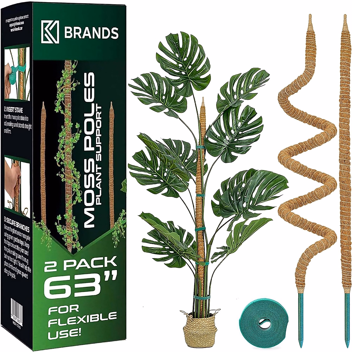 K-Brands 2 Pack Moss Pole - 63'' Bendable Monstera Plant Support - Moss Poles for Climbing Plants Monstera - Plant Pole Plant Sticks Support - Plant Stakes kit for Indoor Plants