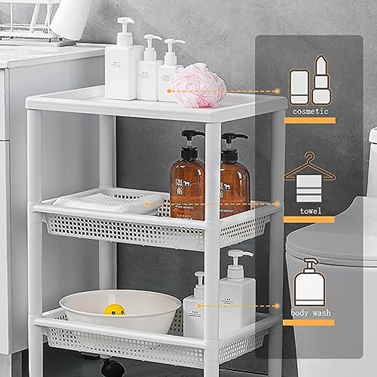 DELURA Slim Storage Cart with Wheels, 4 Tier Bathroom Storage Organizer Rolling Utility Cart for Bathroom Kitchen Laundry Room Office Narrow Place