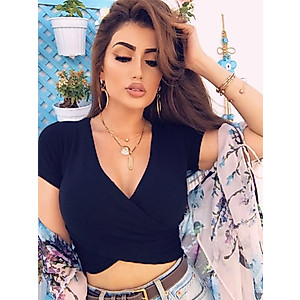 VETIOR Sexy Tops for Women Deep V Neck Short Sleeve Sexy Shirts for Women Cross Wrap Slim Fit Cute Crop Tops for Teen Girls S Black