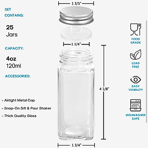 AOZITA 4 Pack Spice Rack with Jars, 25 Glass Spice Jars, Hanging Spice Rack for Cabinet, Space Saving Rustic Wood Floating Shelves - Spice Labels Chalk Marker and Silicone Collapsible Funnel Included