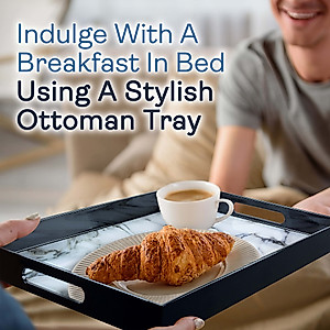 Bowmani Large Ottoman Tray Set - Faux Marble Coffee Table Tray with Black Accents, 18 x 12 Inches