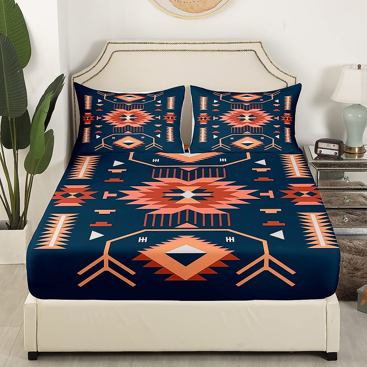 Southwest American Fitted Sheet Twin Size Indian Tribal Aztec Style Deep Pocket Sheet Vintage Navy Blue Red Bedding Set 2pcs for Kids Teens Adults Room Decor Abstract Art Sheet Set,1 Pillowcase