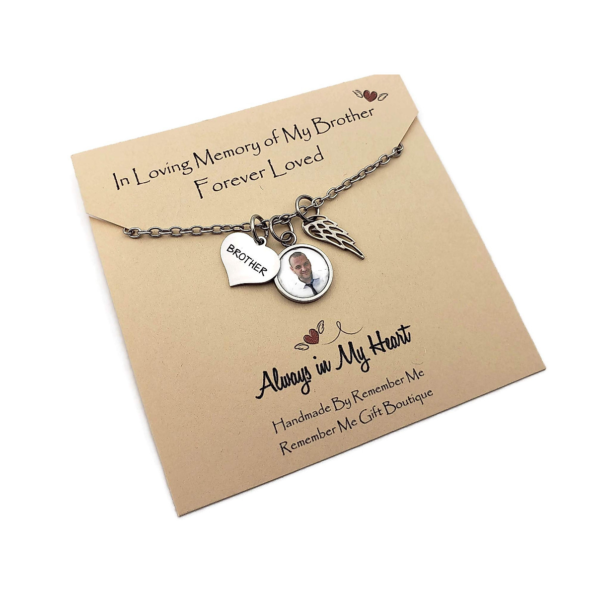 Loss of Brother Memorial Necklace, Photo Jewelry with Picture Charm, Condolence Gift for Brother in Heaven, Angel Wing Remembrance Jewelry