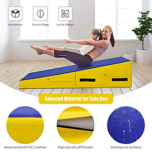 Giantex Folding Gymnastics Wedge Mat, w/Carrying Handles, Incline Gymnastics Tumbling Cheese Mat for Kids Play, Home Exercise, Aerobics, Gymnastics Training (Blue/Yellow)