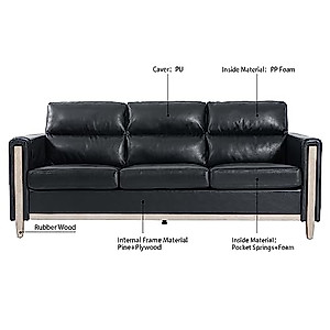 Haplized Comfortable PU Leather Sofa Couch,Soft Cushions with Solid Wood Legs, Durable and Long-Lasting,Couchs Sofa for Living Room,Apartment (Black, 3 Seater Sofa)