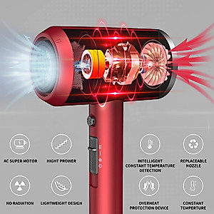 Ionic Hair Dryer, DOOAIR 1875W Blow Dryer with Diffuser and Concentrator, Professional Hair Dryer for Curly Hair, Negative Ion Technology, Constant Temperature Hair Care for Light and Quiet (Red)