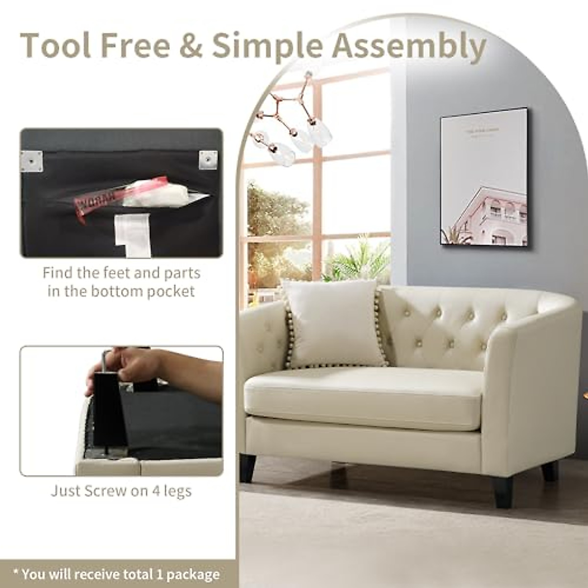 Husbedom 50 Inches Loveseat, Small Air Leather Couch for Small Spaces, Mini Sofa with Button Tufted Décor for Bedroom, Love Seats Furniture, Living Room, Bedroom, Apartment, Dorm, Beige