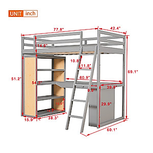 Bellemave Twin Loft Bed with Desk and 6 Storage Shelves, Wood Loft Beds Frame with Bookcase and Writing Board, Modern High Loft Bed for Kids Boys Girls Teens, Twin Size, Gray